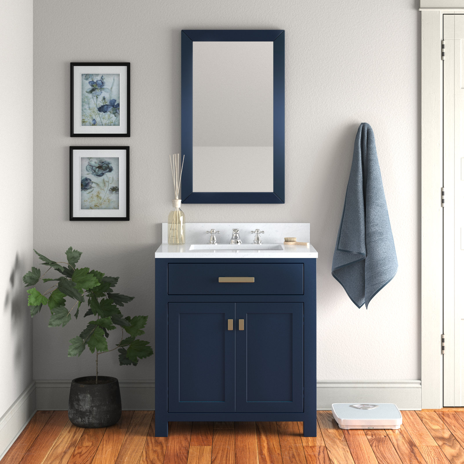 Andover Mills Madison 30" Carrara White Marble Countertop Bath Vanity in Monarch Blue with ...